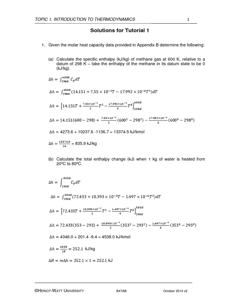 Process Ind B Tutorial 1 Answers Final | Download Free PDF | Enthalpy | Heat