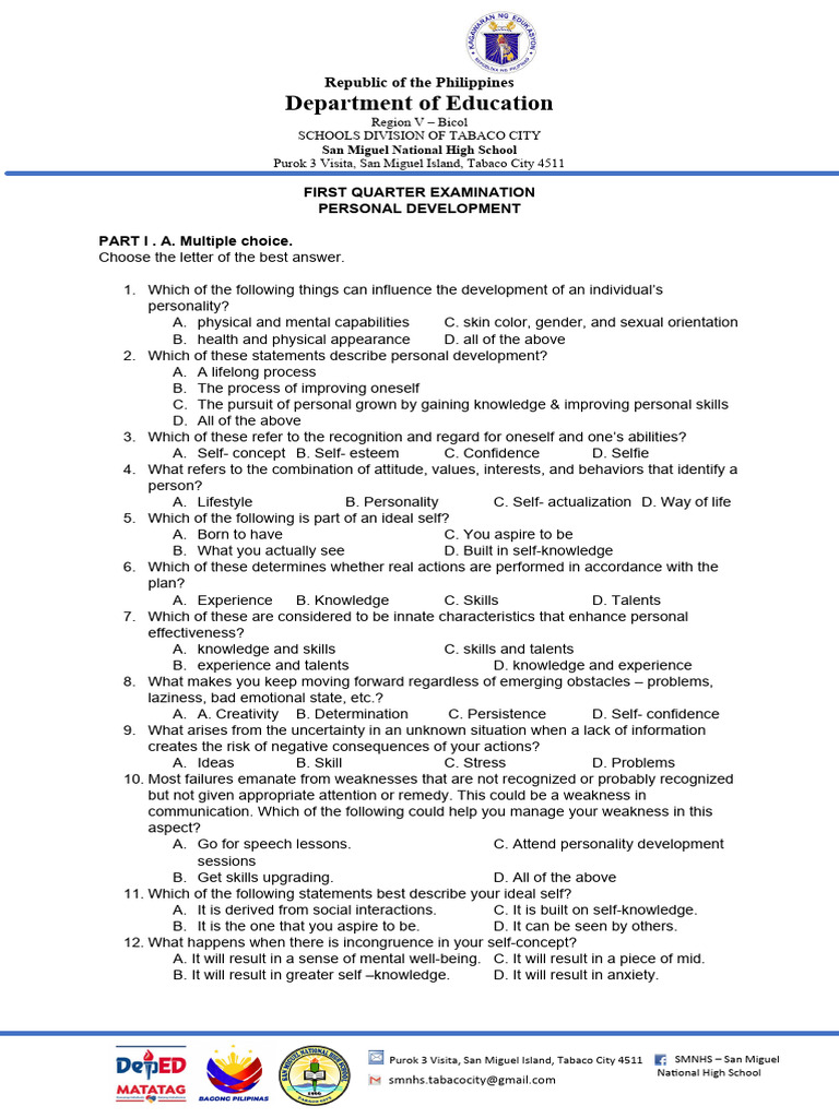 1st Quarter PERSONAL DEVELOPMENT PERIODICAL TEST | PDF | Developmental ...