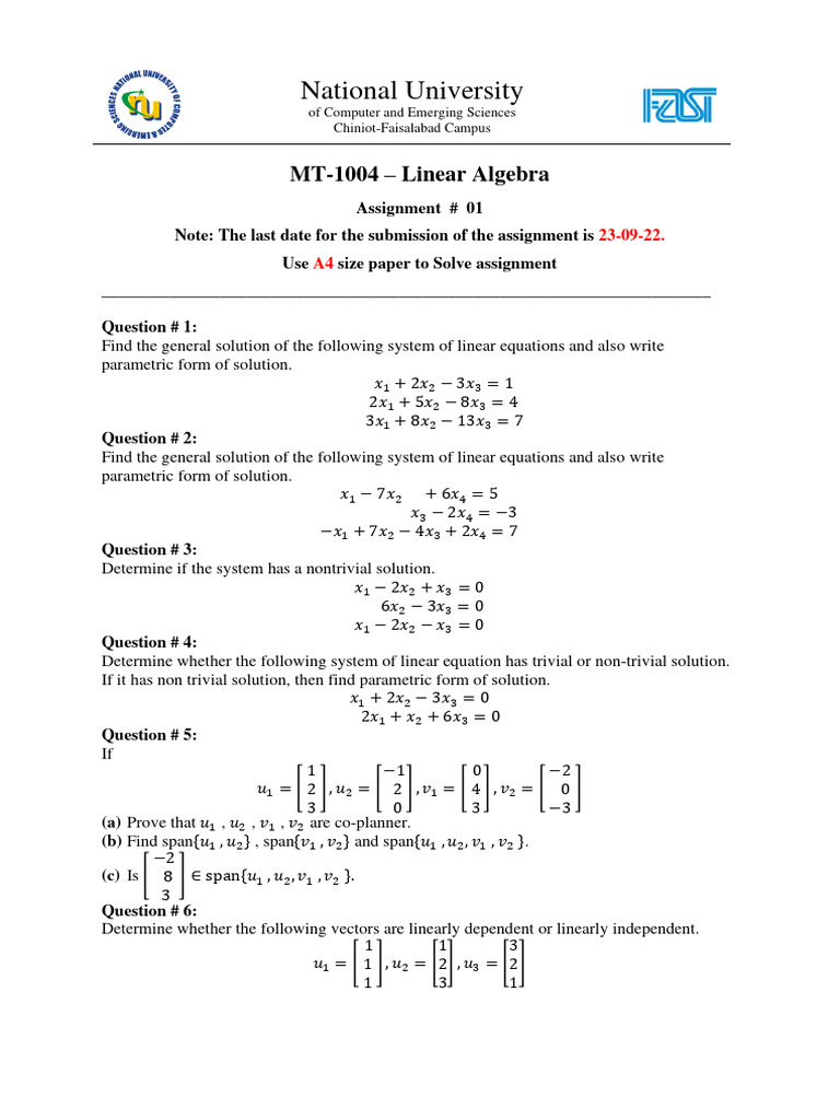 Linear Algebra Assignment # 1 | PDF | Teaching Methods & Materials ...