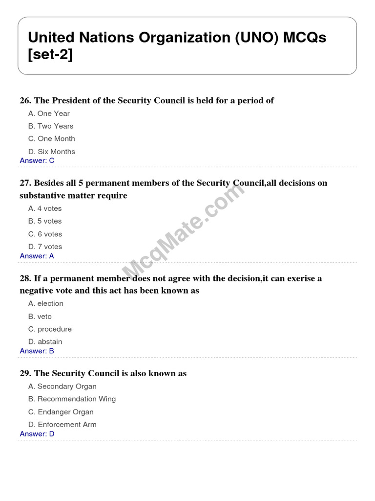United Nations Organization (UNO) Solved MCQs (Set-2) | PDF United Nations Organization (UNO) Solved MCQs (Set-2) | PDF