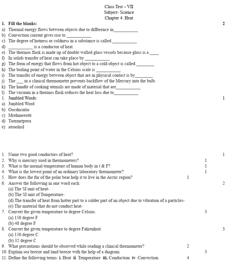 Class VII Science Chapter Heat Worksheet | PDF | Heat | Temperature