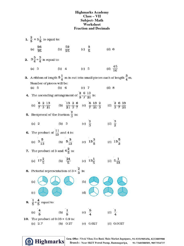 Class 7 Math Chapter Fraction And Decimal Worksheet Pdf