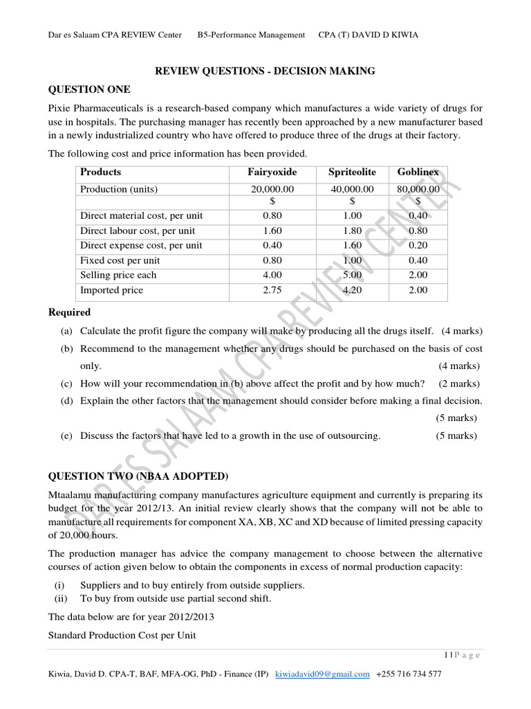 Decision Making Solving - Review Questions | PDF | Cost Of Goods Sold | Cost