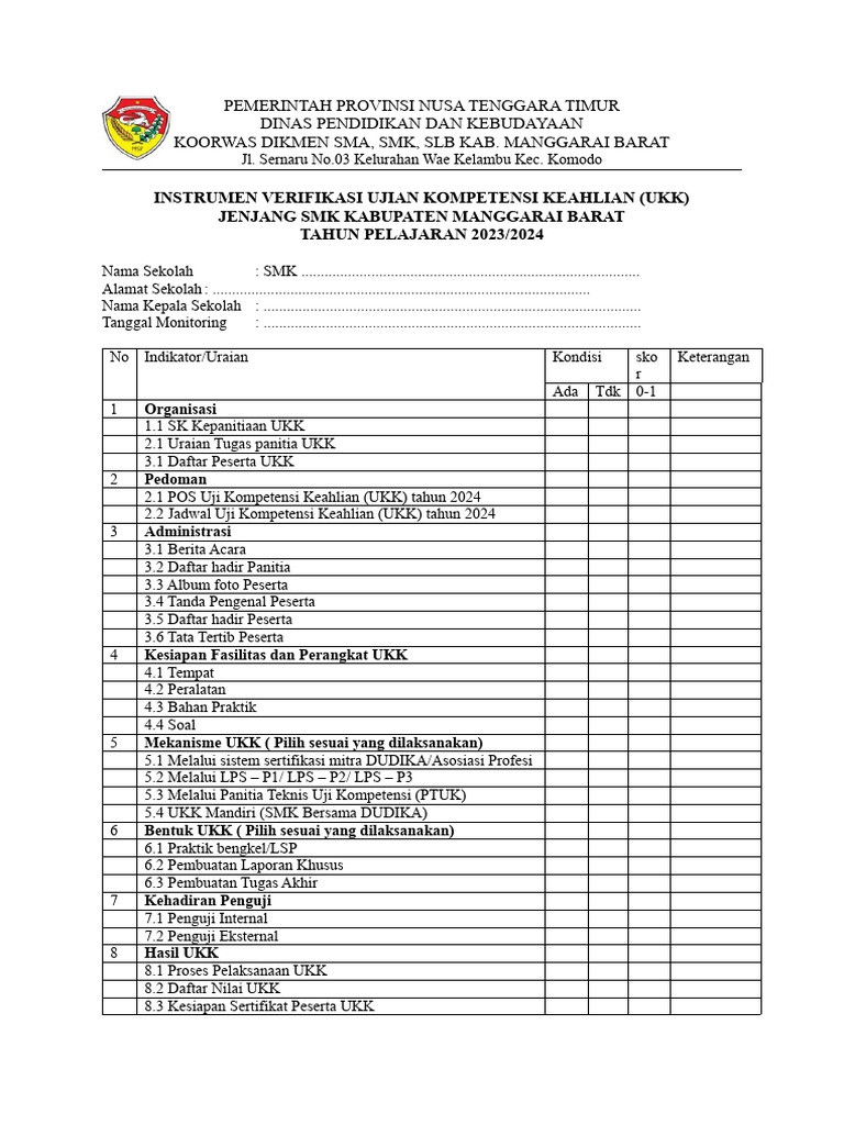 Instrumen Verifikasi UKK SMK Tahun 2024 | PDF