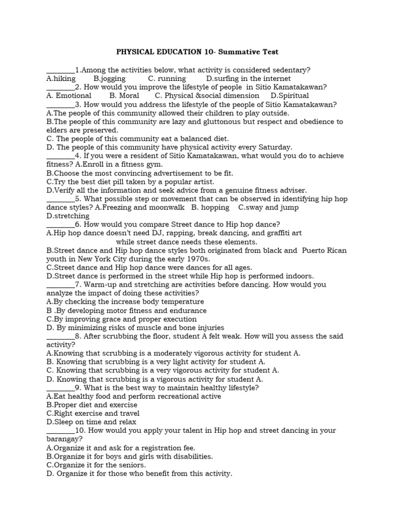 Physical Education 10 q3 Summative | PDF | Physical Fitness | Hip Hop Music