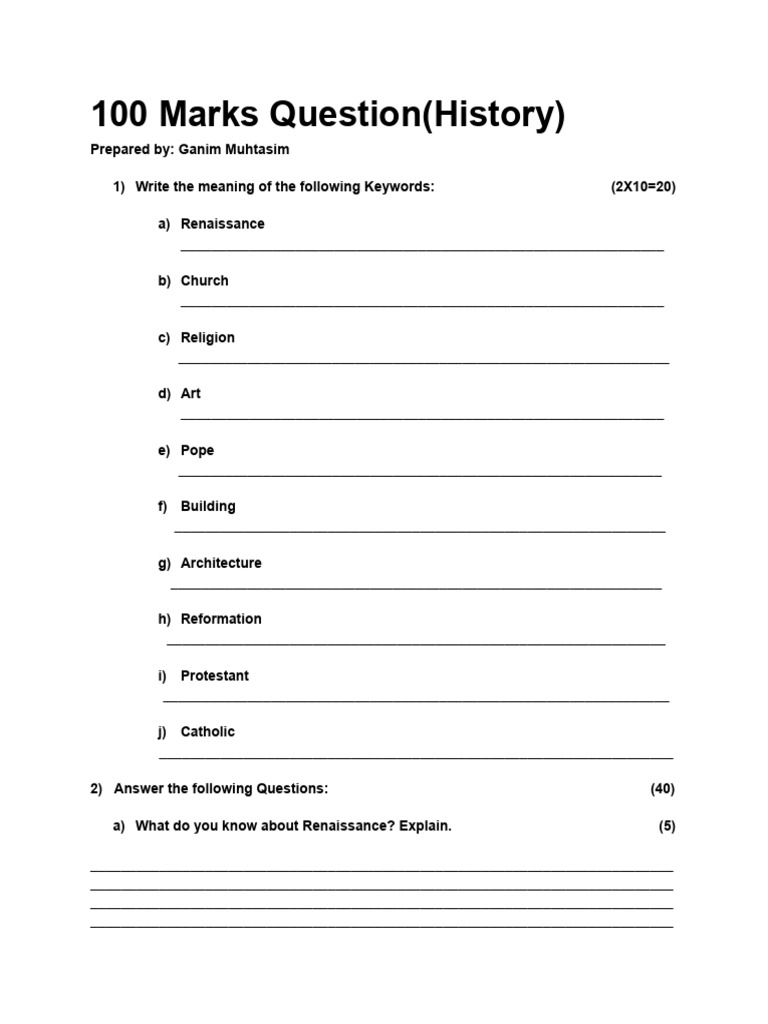100 Marks Question (History) | PDF | Renaissance | Protestantism