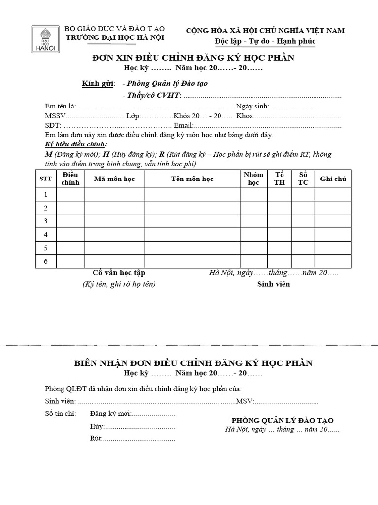 DHHN - Mau - Don Dieu Chinh Dang Ky Hoc Phan | PDF