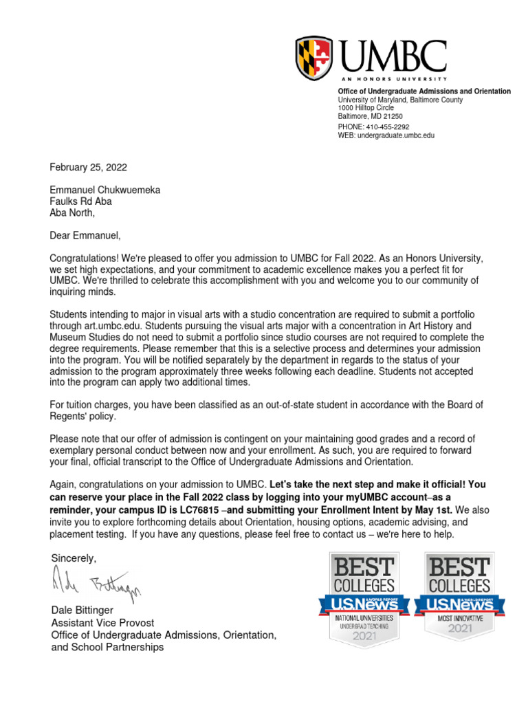 UMBC Application Letter. | Download Free PDF | Educational Stages ...