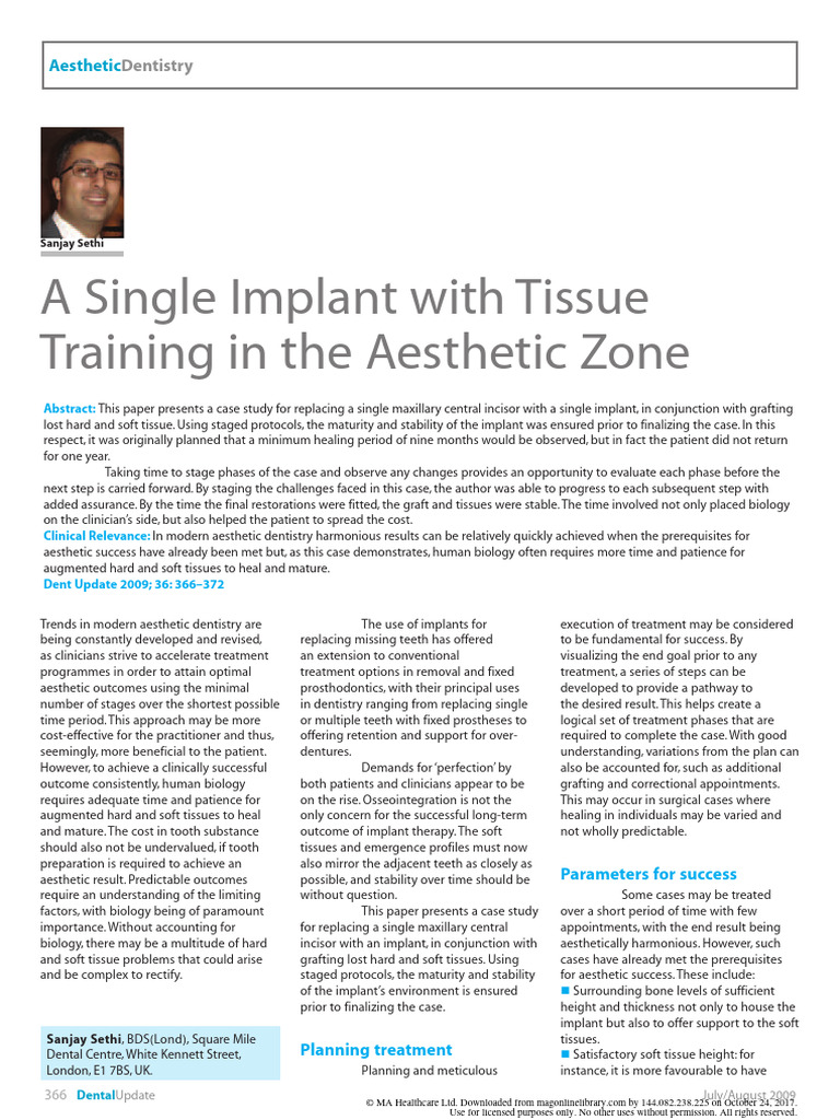 2009 - A Single Implant With Tissue Training in The Aesthetic Zone ...