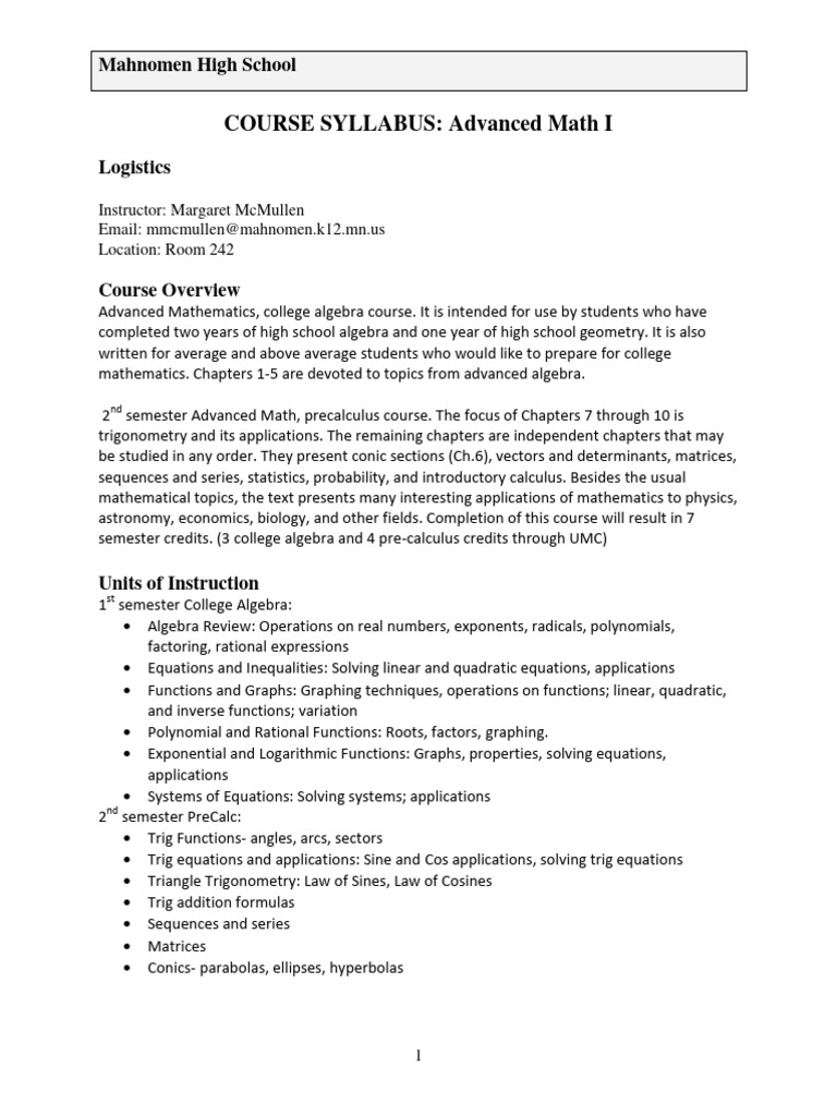 Advanced Math I Syllabus | PDF | Equations | Algebra