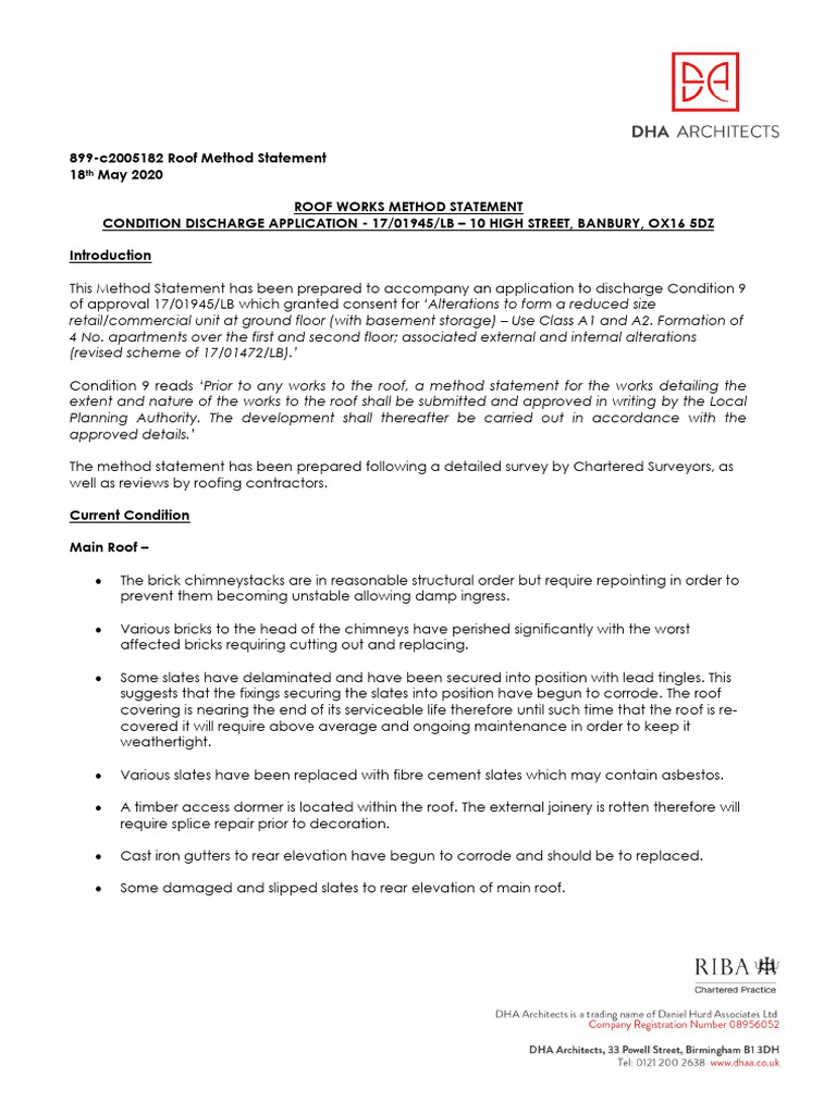 Roof Works Method Statement for 10 High Street | PDF | Roof | Chimney