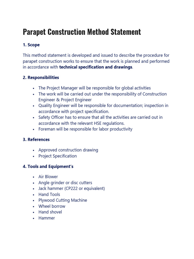 Parapet Construction Method Statement | PDF | Concrete | Secondary ...