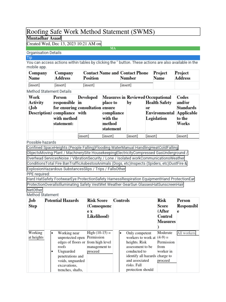 Roofing Safe Work Method Statement | PDF | Risk | Scaffolding