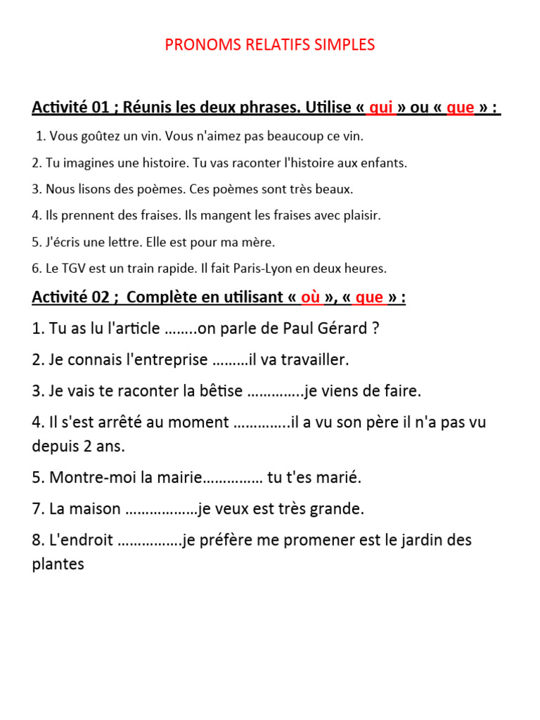 Exercices Pronoms Relatifs Simples | PDF