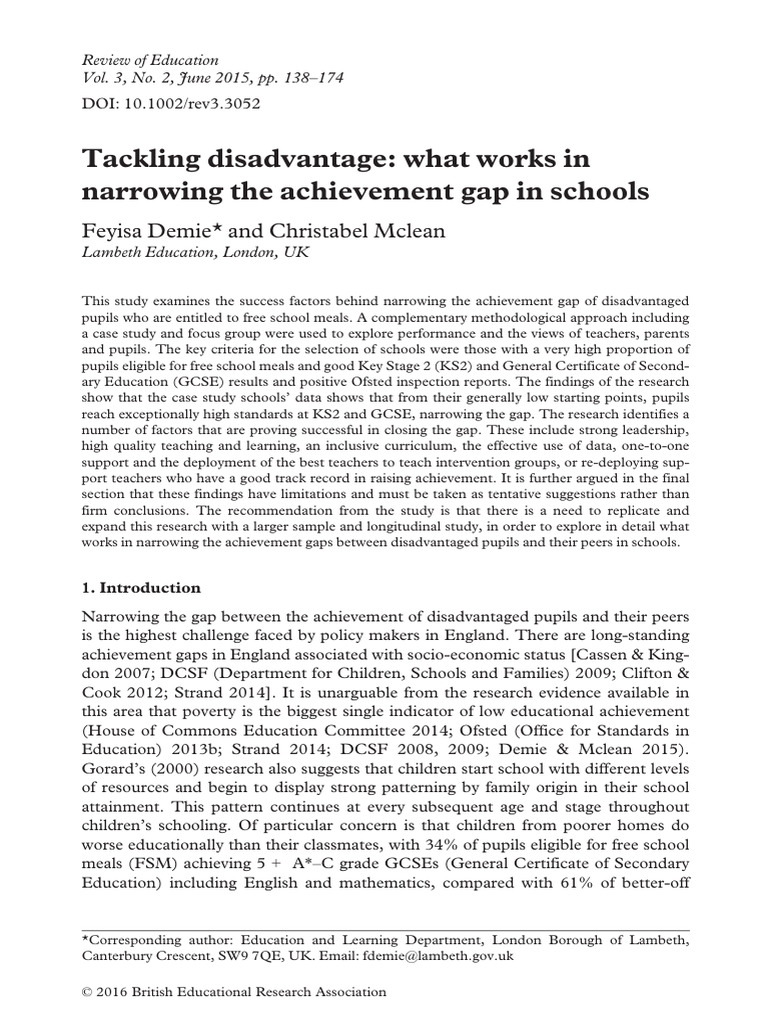 Review of Education - 2016 - Demie - Tackling Disadvantage What Works ...