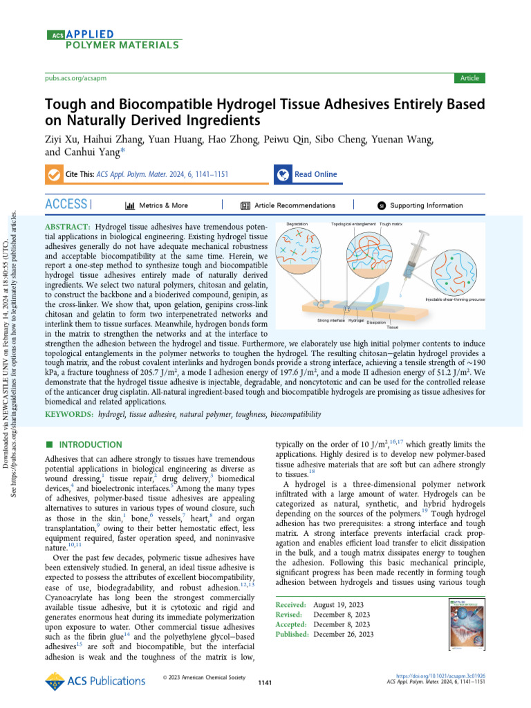 Xu Et Al 2023 Tough and Biocompatible Hydrogel Tissue Adhesives ...