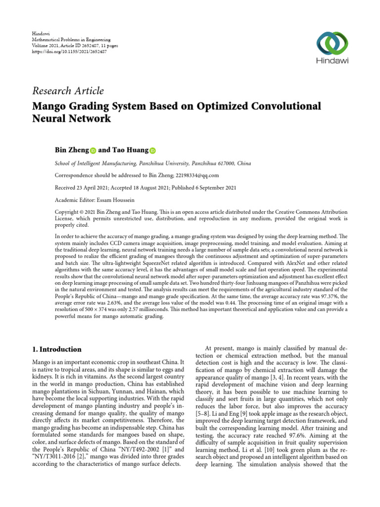 Research Article: Mango Grading System Based On Optimized Convolutional Neural Network | PDF ...