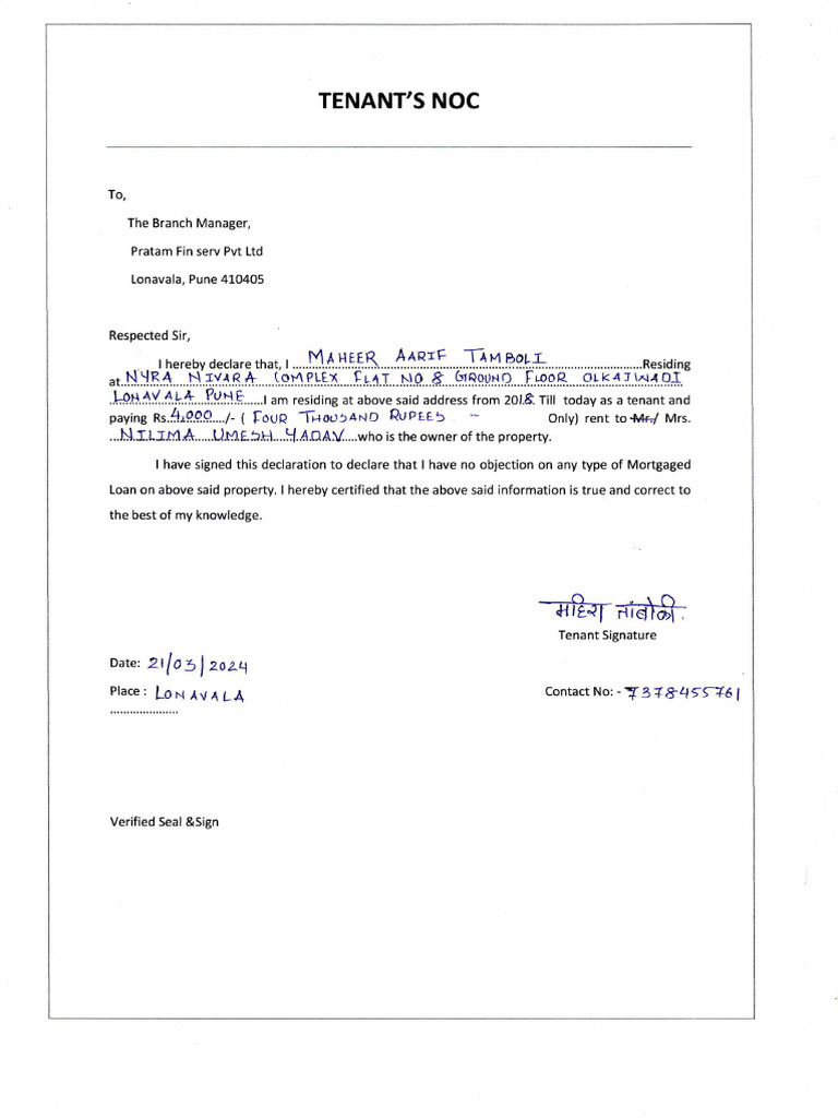 YADAV TENANT NOC | PDF