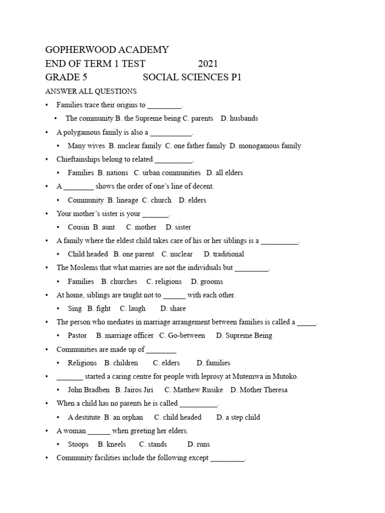 GRADE 5 SOCIAL SCIENCES TESTS TERM 1 2021 jahaahha | PDF | Digestion ...