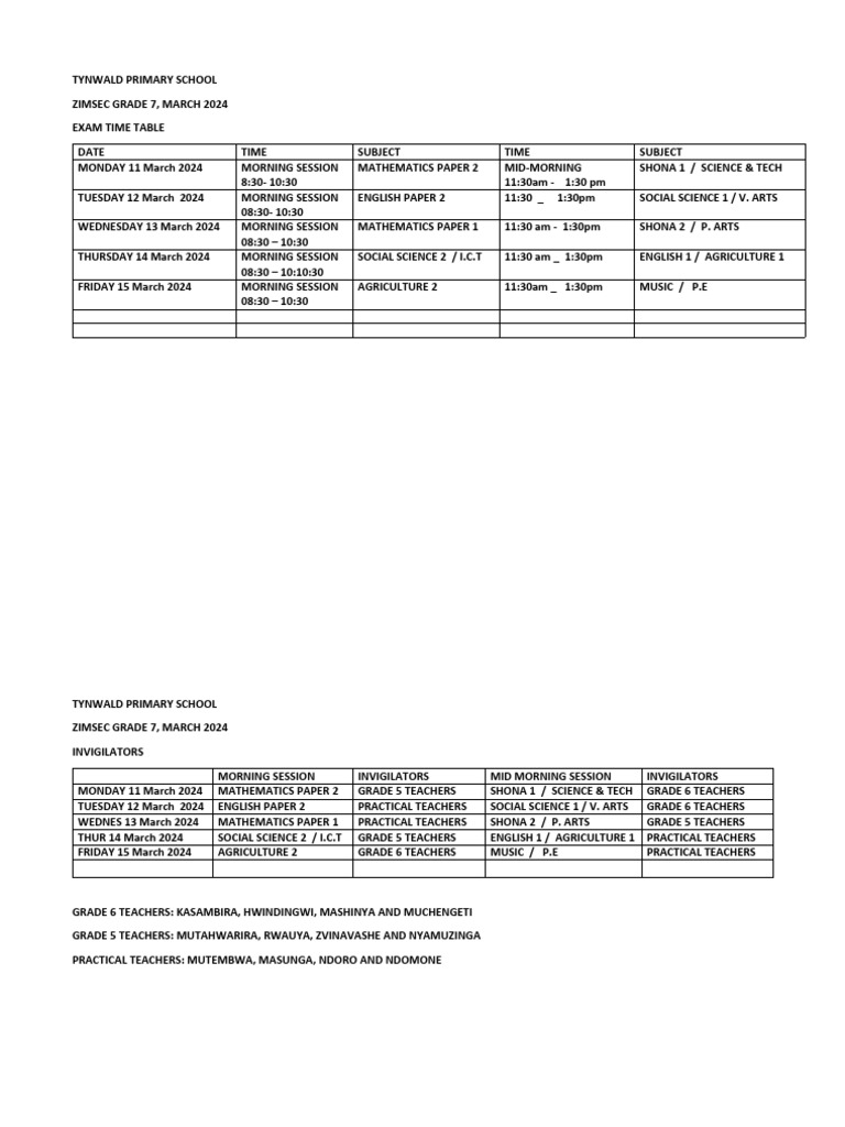 grade 7 exam time table 2024hdusda | PDF