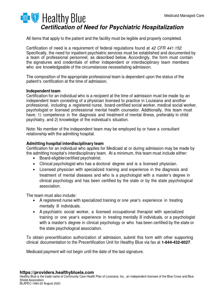 Medicaid Psychiatric Hospitalization Certification | PDF | Psychiatry ...