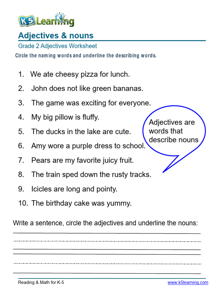 Grade 2 Adjectives and Nouns Worksheet | PDF | Language Arts & Discipline