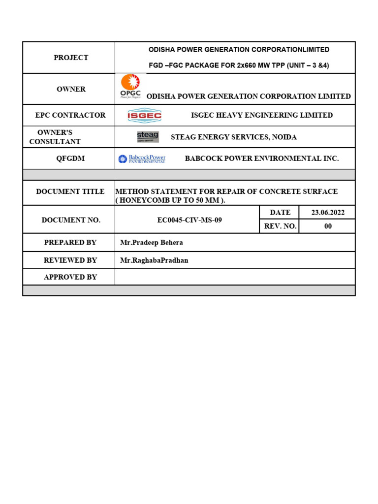 Honeycomb Concrete Repair Method Statement | PDF | Concrete