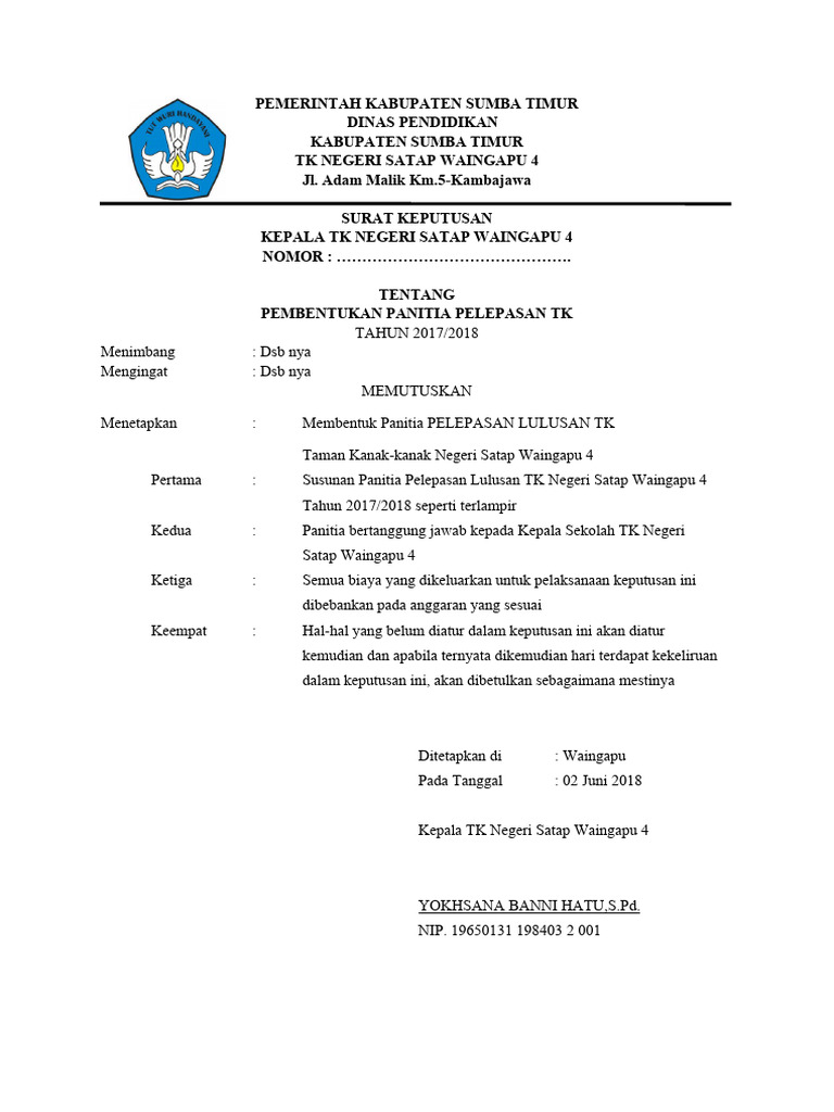 SK Panitia Pelepasan Lulusan TK 2018-2019 | PDF