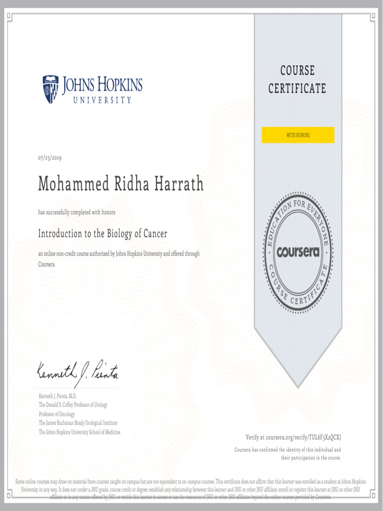 I.to The Biology of Cancer Certificate | PDF | Johns Hopkins University