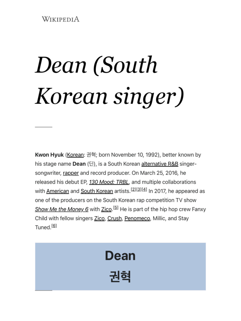 Dean (South Korean Singer) - Wikipedia | PDF