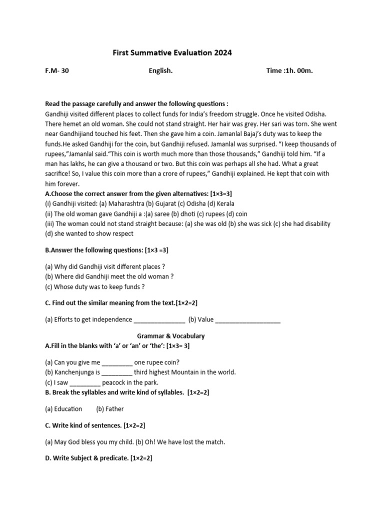 First Summative Class 5 | PDF | Mahatma Gandhi