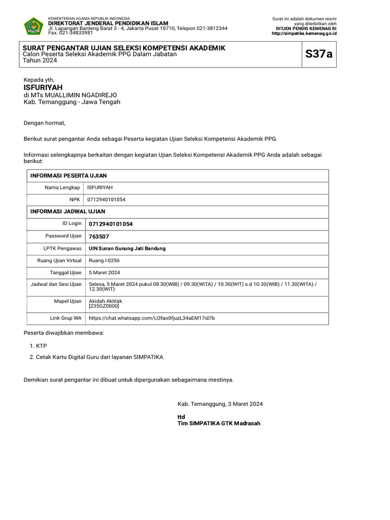 Surat Pengantar ujian PPG Bu isfuriyah | PDF