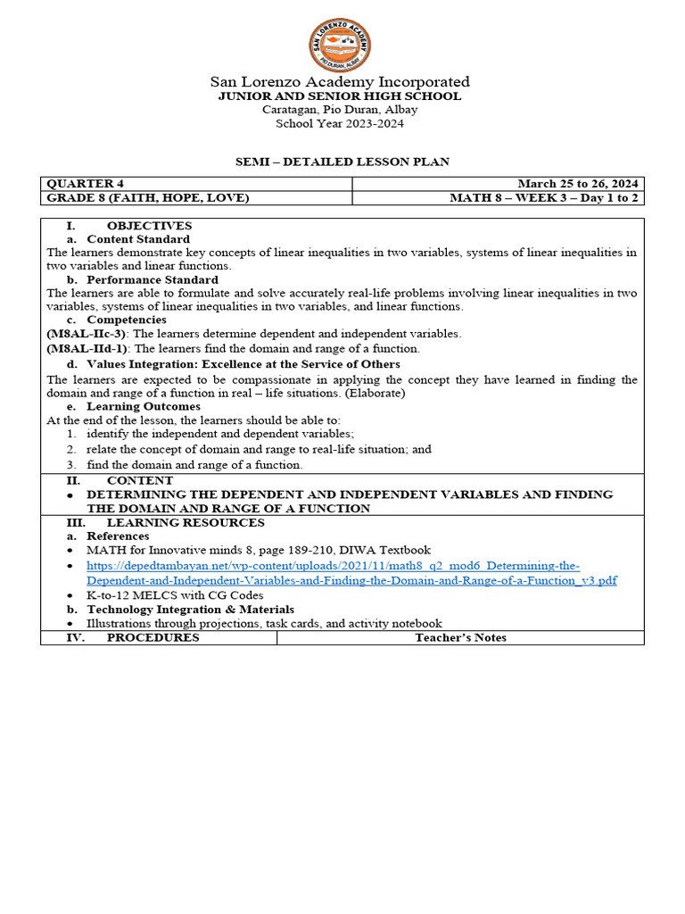 MATH 8-WEEK 3-DAY 1 to 5-Q4 | PDF | Function (Mathematics) | Variable (Mathematics)