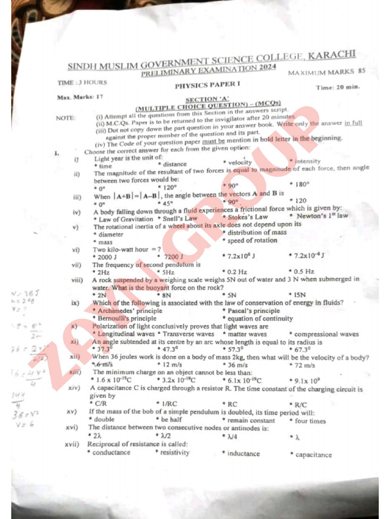 Xi Physics - SM Science College Prelium 2024 - Zayn Group | PDF
