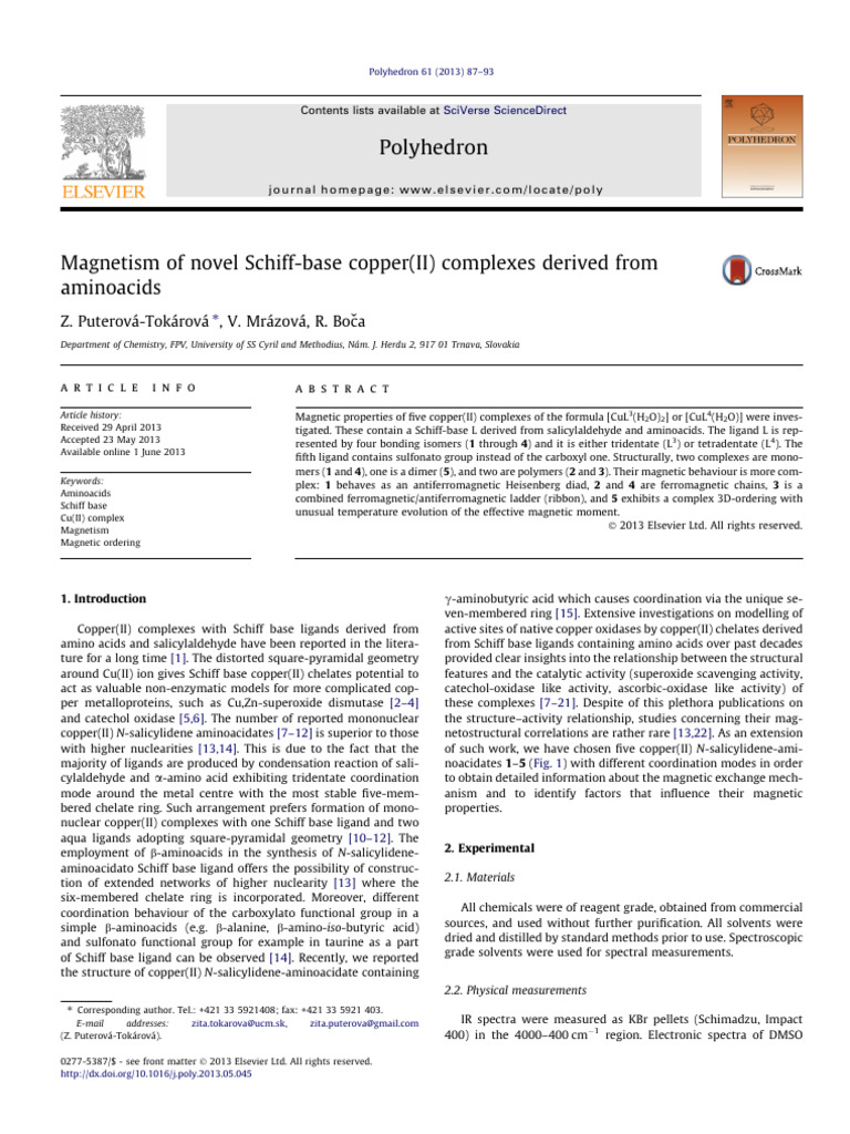 Magnetism of Novel Schiff-Base Copper (II) Complexes Derived From | PDF | Coordination Complex ...