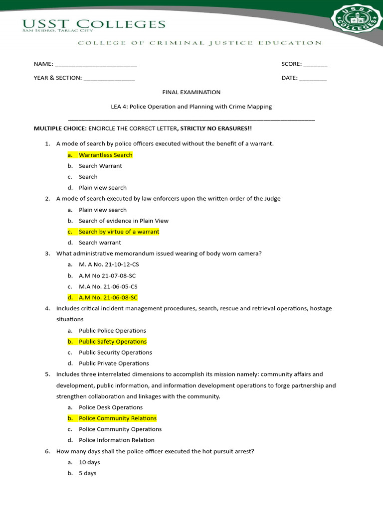 LEA 4 FINAL EXAM Answer Key | PDF | Search Warrant | Police