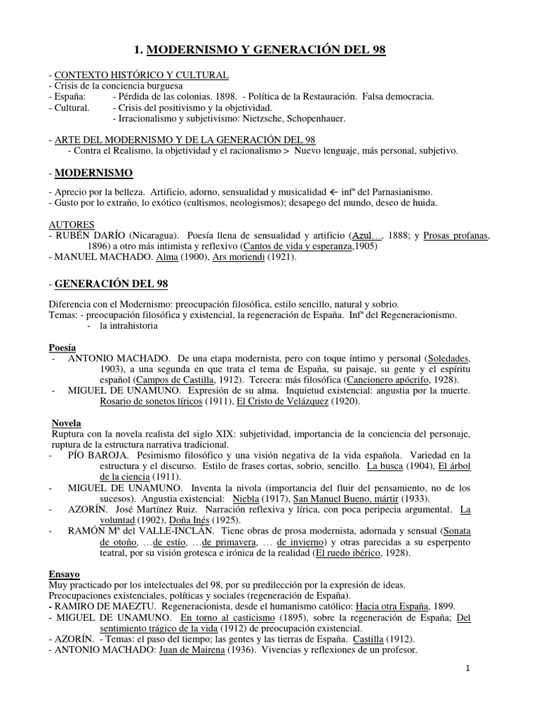 Modernismo y Generación Del 98. Esquema. | PDF