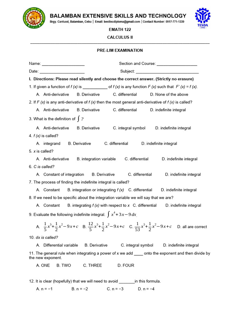 50 Copies TQ Emath 122 Pre Lim Exam Balansag 1 | PDF | Integral ...
