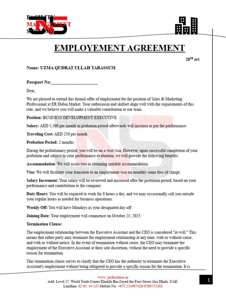 Employee contract UZMA | PDF | Employment | United Arab Emirates
