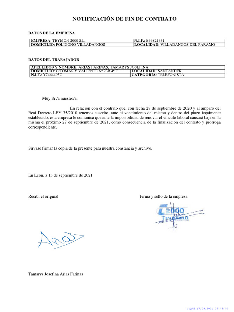 Fin Del Contrato Teymon | PDF