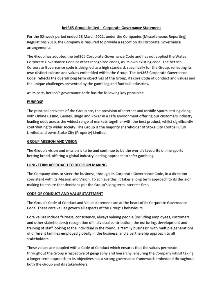 ENGbet 365 Corporate Governance Statement 2022 | PDF | Governance ...