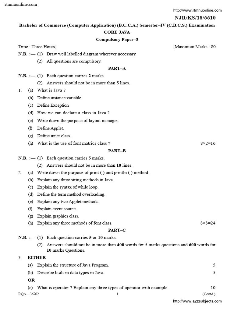 Bcca 4 Sem Core Java Paper 3 Summer 2018 | PDF | Java (Programming Language) | Computer Programming