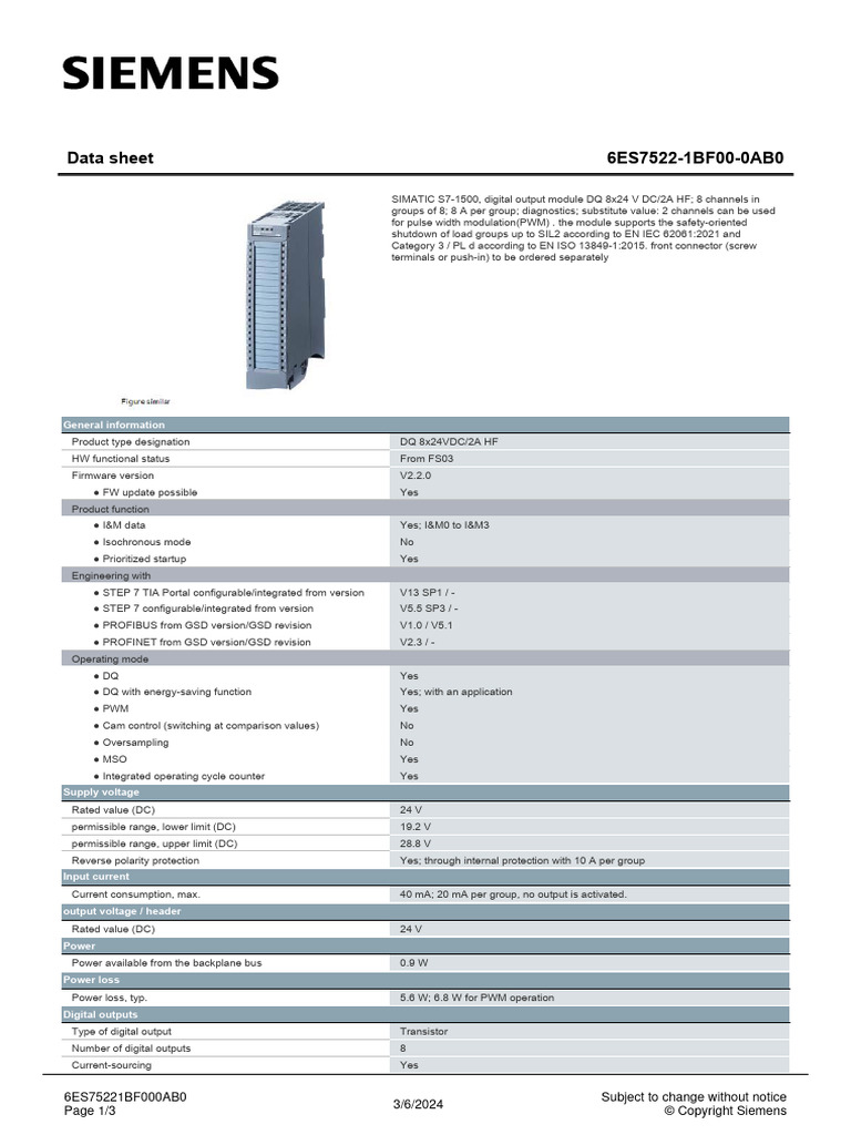 DQx8-24V 6ES75221BF000AB0 - Datasheet - en | PDF | Electricity | Computer Engineering