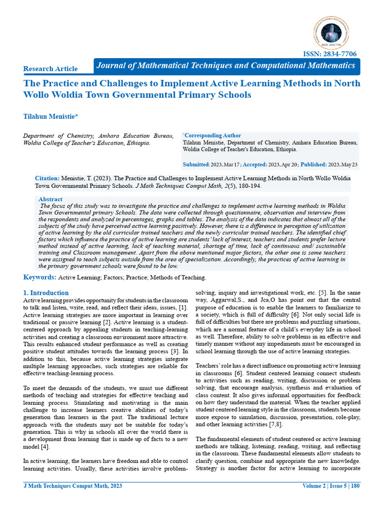 The Practice and Challenges To Implement Active Learning Methods in North Wollo Woldia Town ...