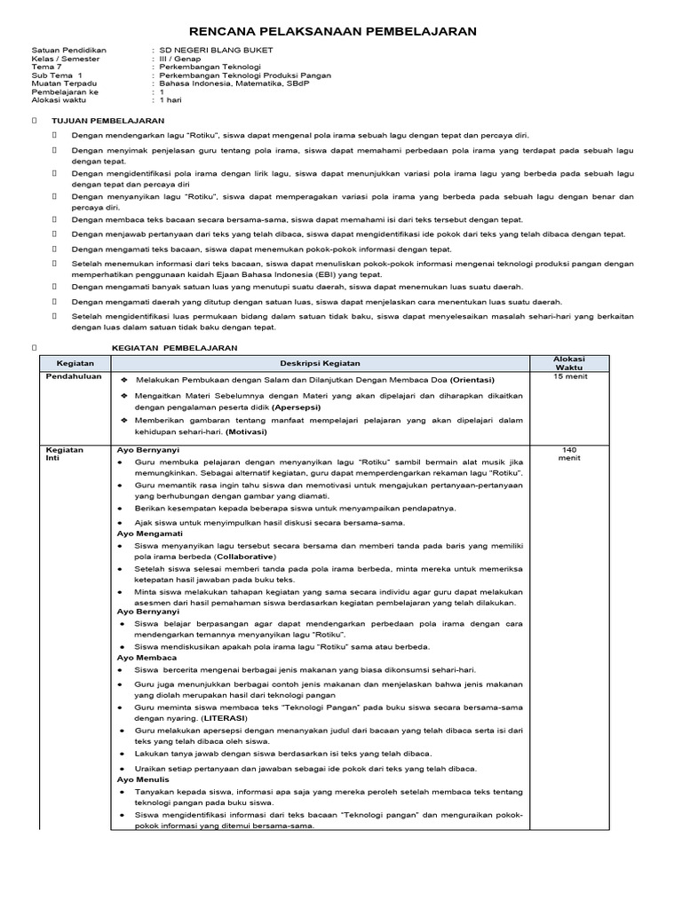 RPP 1 Lembar Kelas 3 Tema 7 | PDF | Karier & Perkembangan | Seni & Disiplin Bahasa
