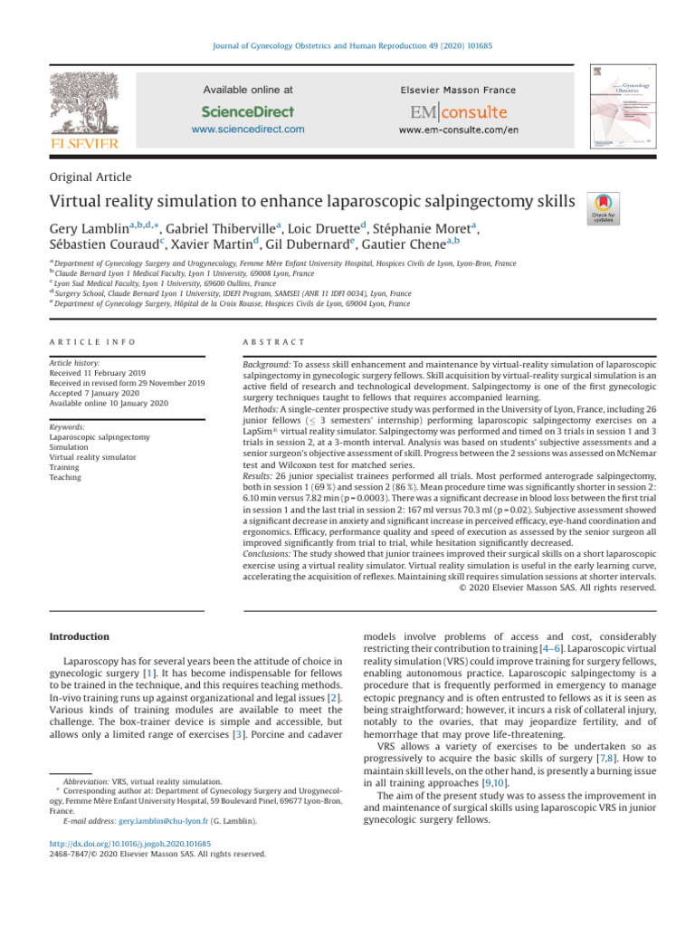 Virtual Reality Simulation To Enhance Laparoscopic Salpingectomy Skills ...