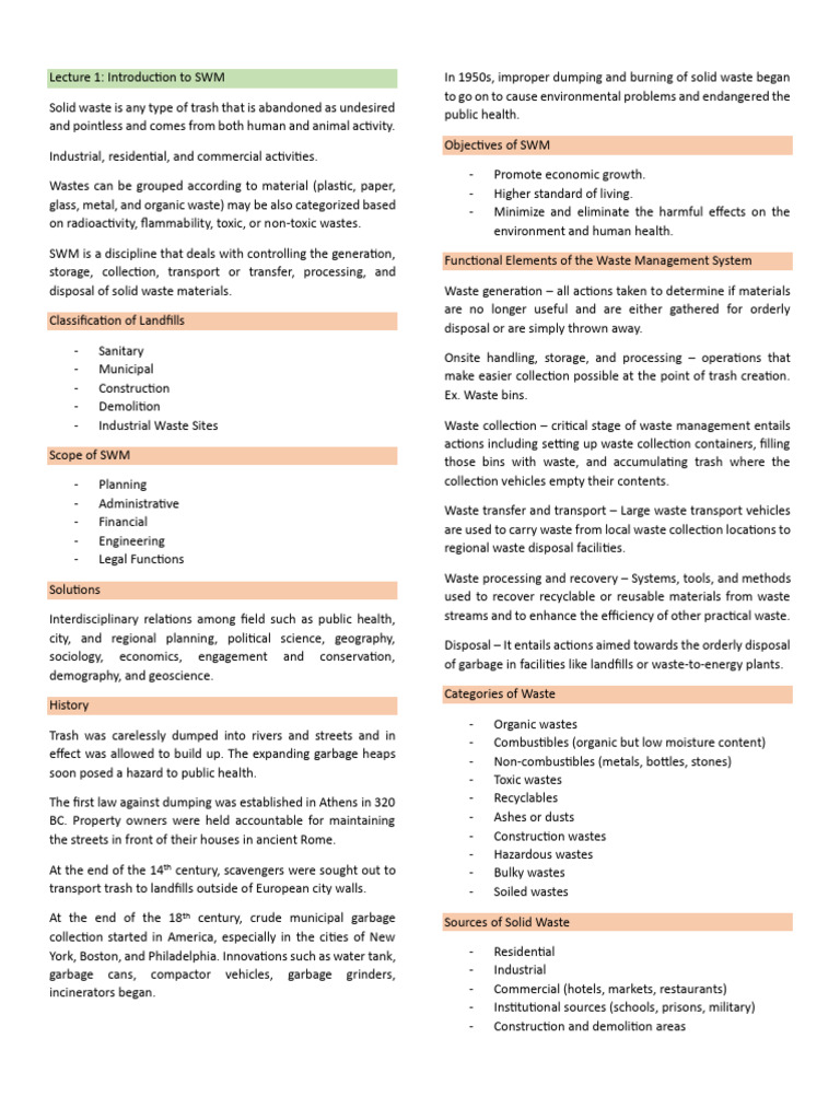Solid Waste Management Reviewer | PDF | Landfill | Waste