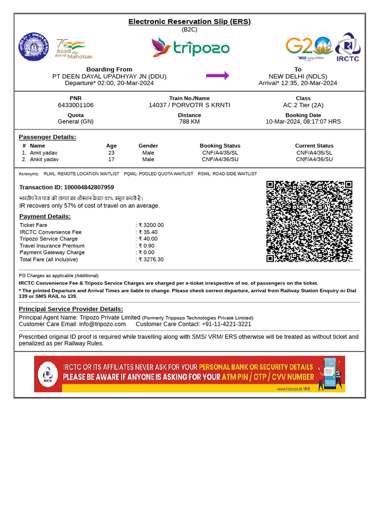 Electronic Reservation Slip for Train Travel | PDF | Identity Document