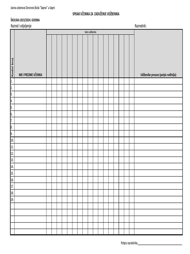 Tabela Prazna - Spisak Za Udzbenike | PDF