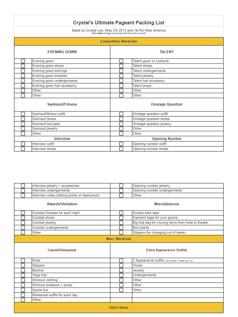 Crystal's Ultimate Pageant Packing List - Google Sheets | PDF ...